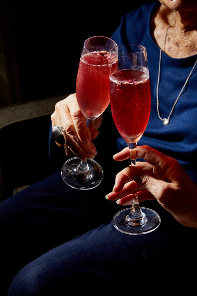 pomegranate rose sparkling wine cocktail recipe for parties and brunch