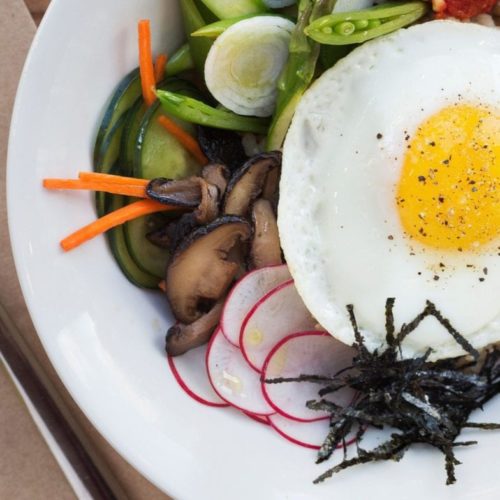 gluten free bibimbap with spring vegetables recipe--a mixed rice bowl