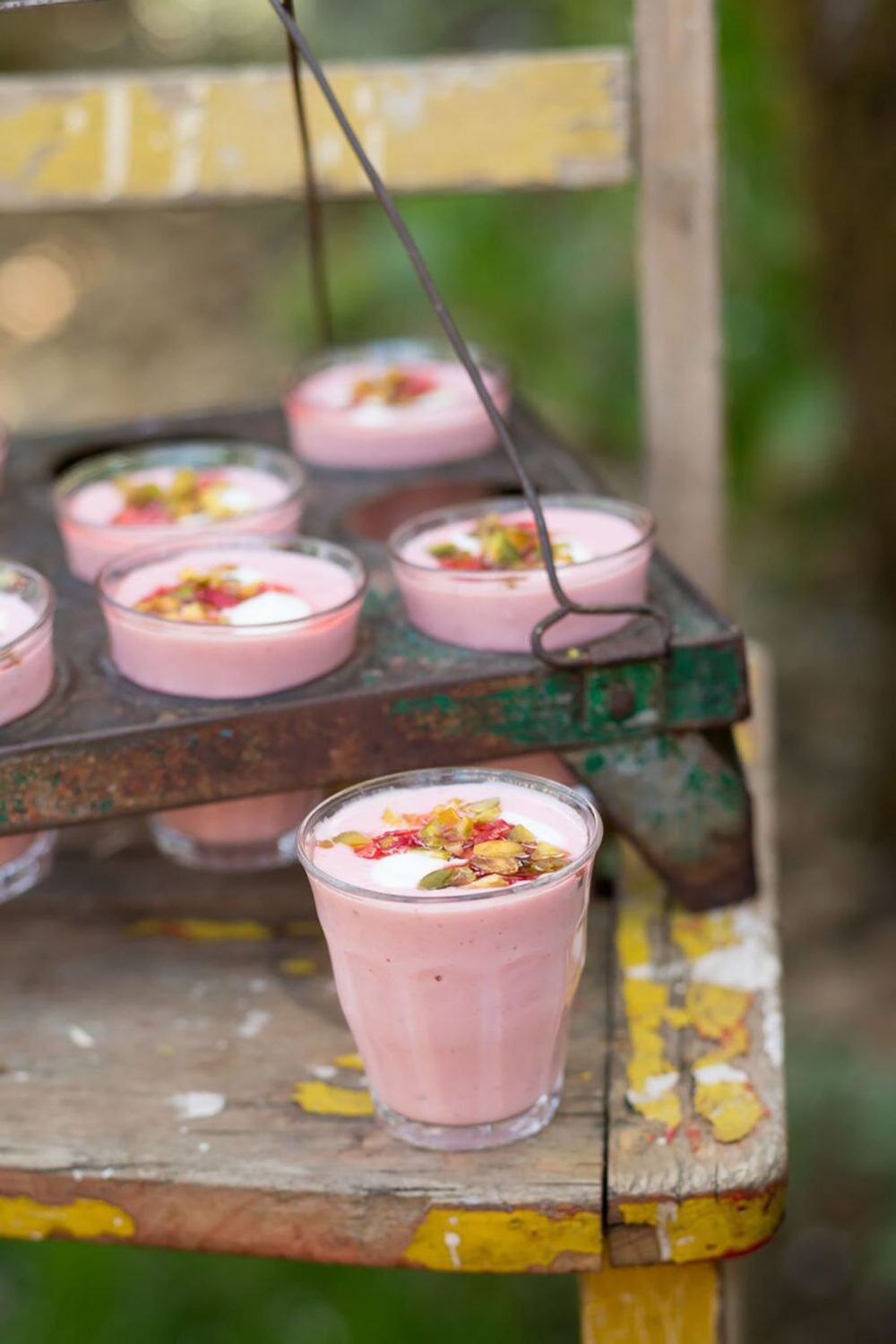 strawberry lassi recipe topped with roasted pistachios gluten free